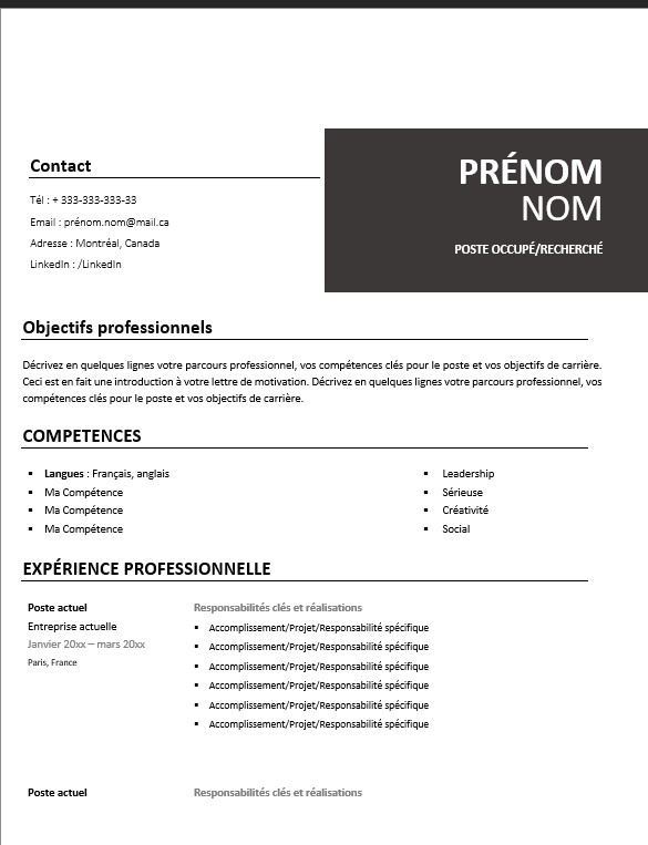 Modèle de CV canadien gratuit : prêt à remplir et accepté par les ...